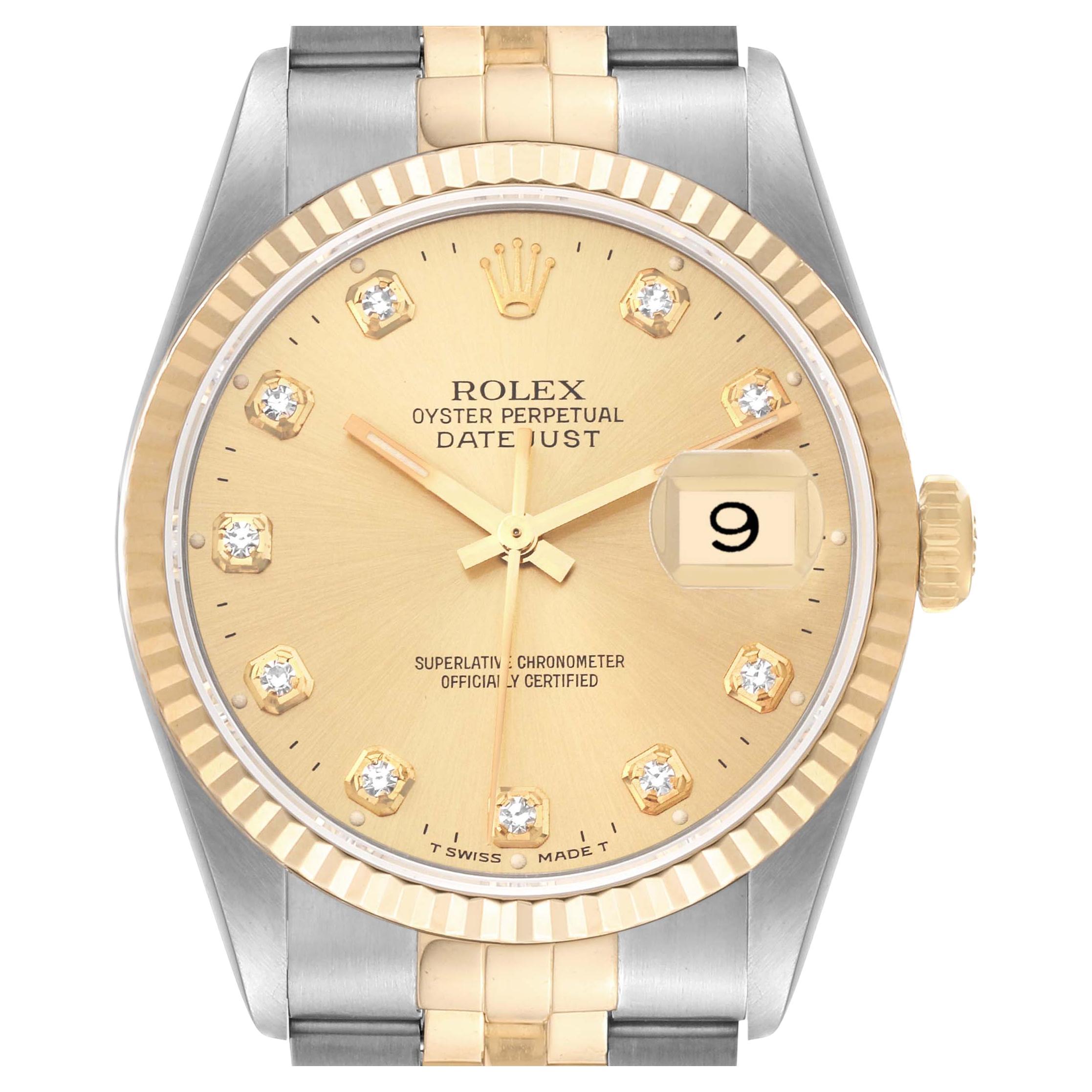 Rolex Datejust 16233 Champagne Diamond Dial 18K Yellow Gold Stainless ...