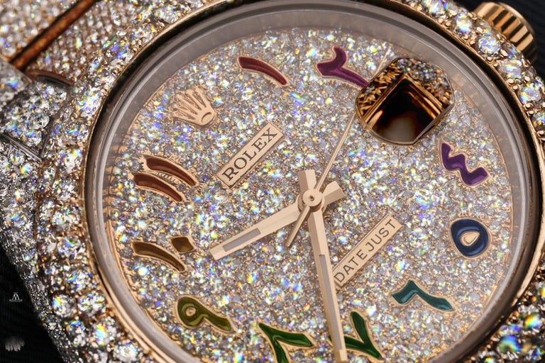 Rolex Datejust Custom Rainbow Arabic Dial SS and YG Fully Iced Out ...