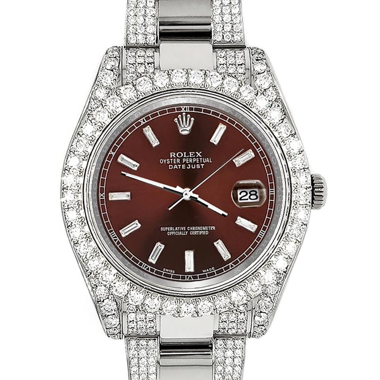 Rolex Datejust II 10.3ct Pave Diamonds Watch with Chocolate Baguette ...
