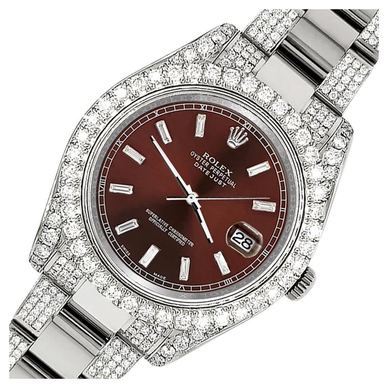 Rolex Datejust II 10.3ct Pave Diamonds Watch with Chocolate Baguette ...