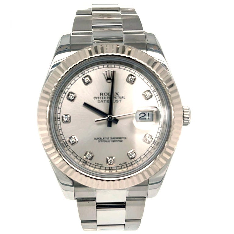 Rolex Datejust II 41 mm Stahl Gold geriffelte Lünette Silber Diamant ...