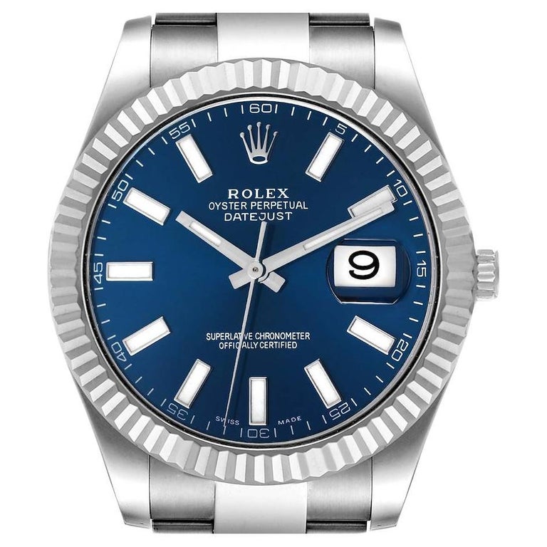 Rolex Datejust II Blue Baton Dial Steel White Gold Mens Watch 116334 ...