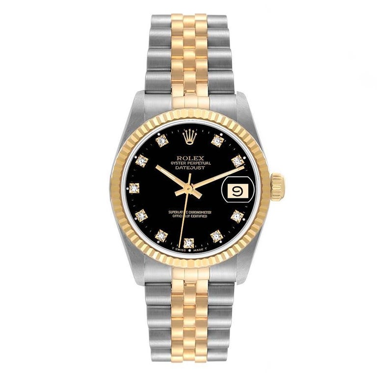 Rolex Datejust Midsize Steel Yellow Gold Black Diamond Dial Ladies Watch 68273 at 1stDibs