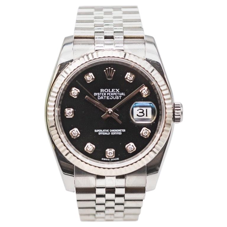 Rolex Datejust Oyster Fluted Bezel Black Dial Diamond Box and Paper ...