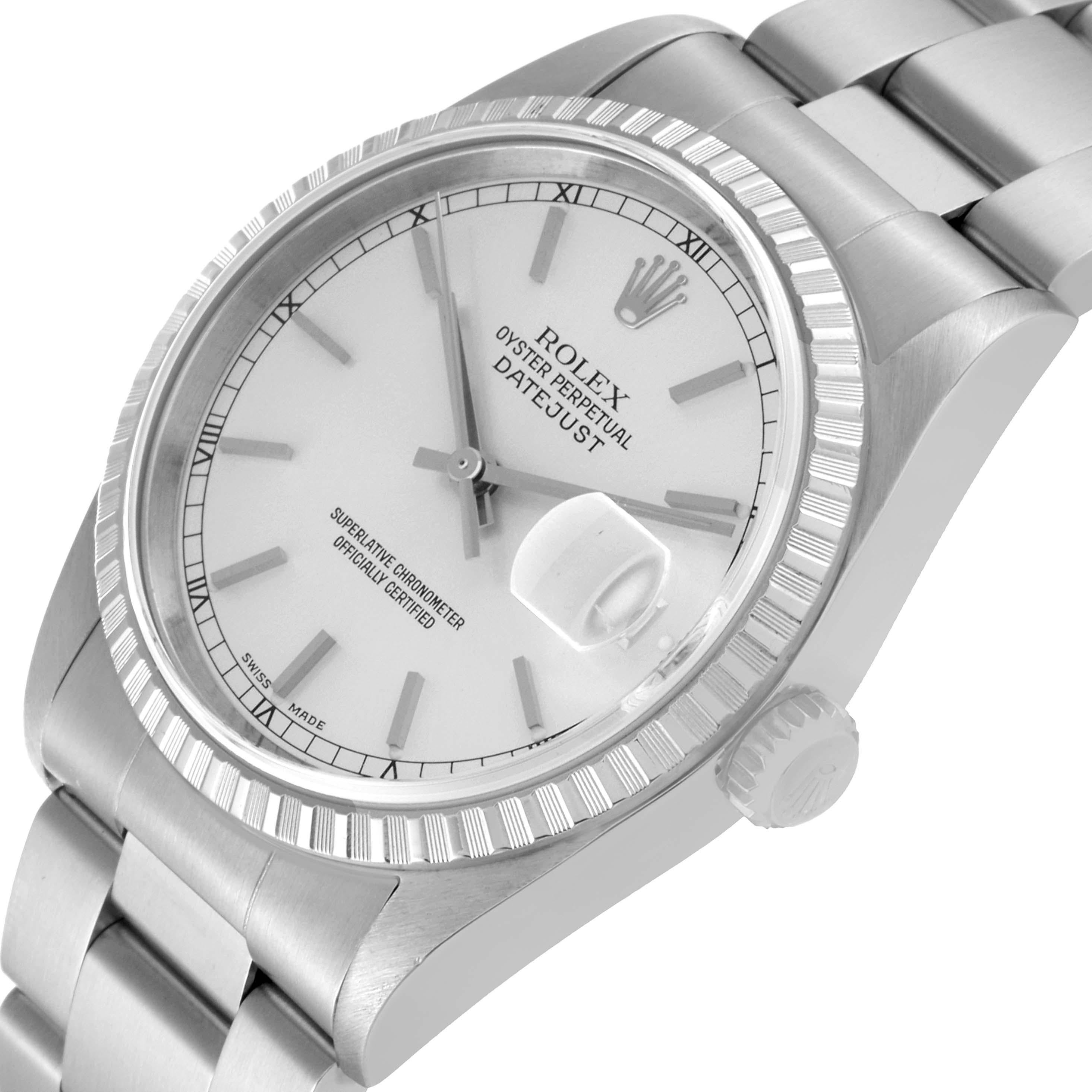 Rolex Datejust Silver Dial Engine Turned Bezel Steel Mens Watch 16220 ...