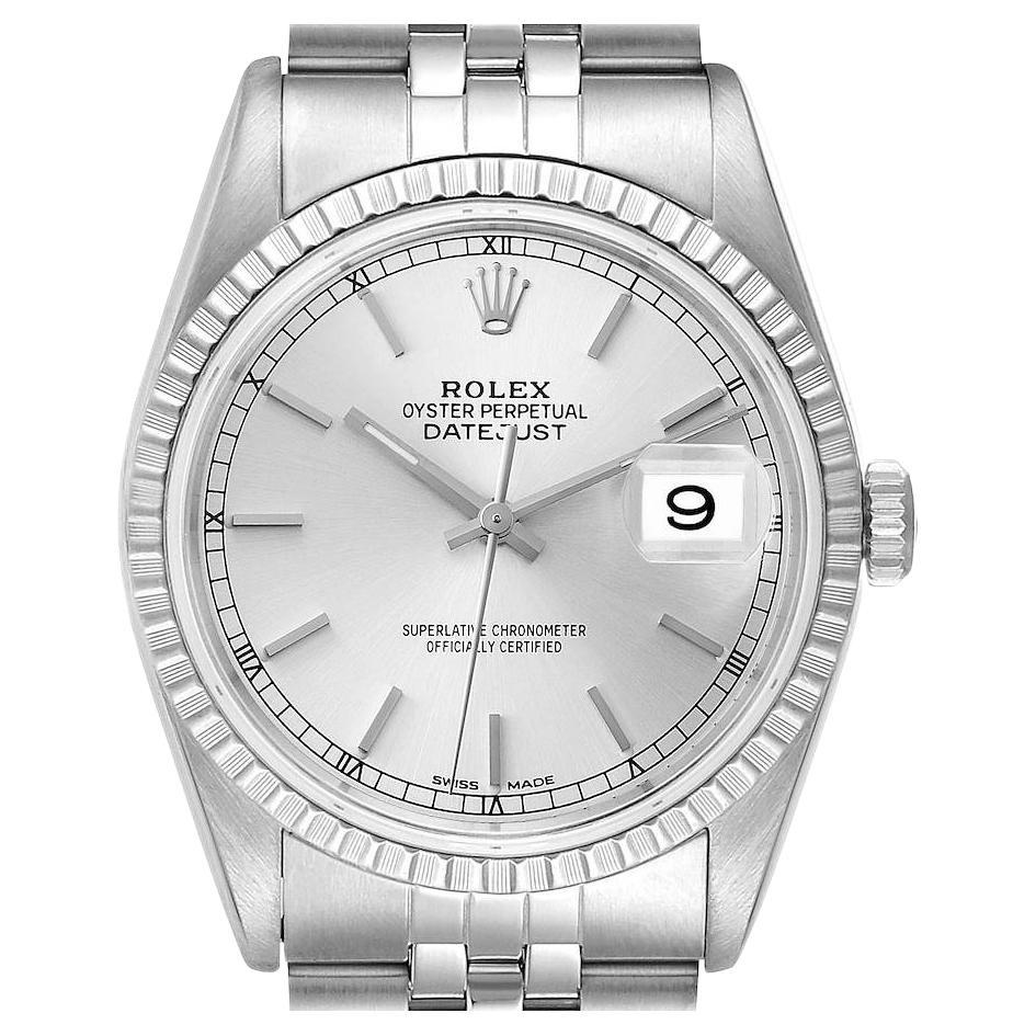 Rolex Date Black Dial Engine-Turned Bezel Steel Mens Watch 15210 at 1stDibs