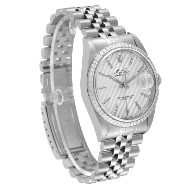 Rolex Datejust Silver Tapestry Dial Engine Turned Bezel Steel Mens ...