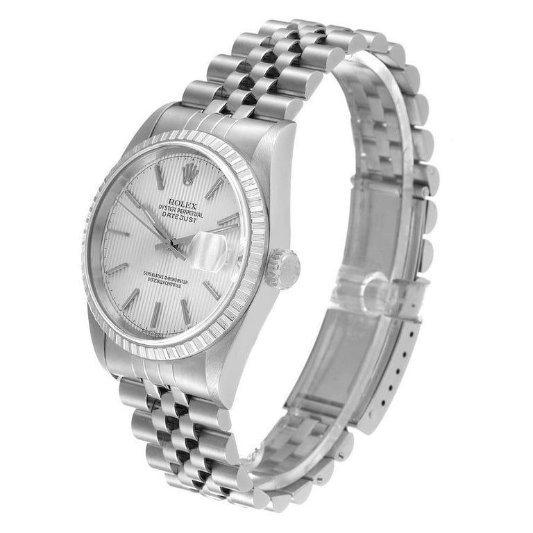 Rolex Datejust Silver Tapestry Dial Engine Turned Bezel Steel Mens ...