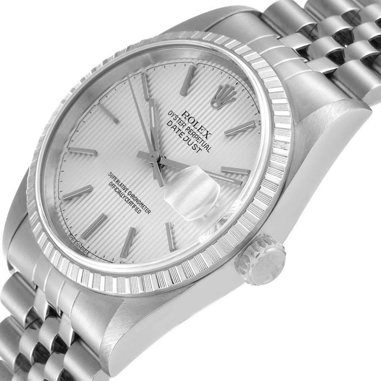 Rolex Datejust Silver Tapestry Dial Engine Turned Bezel Steel Mens ...