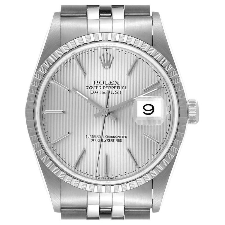 Rolex Datejust Silver Tapestry Dial Engine Turned Bezel Steel Mens ...
