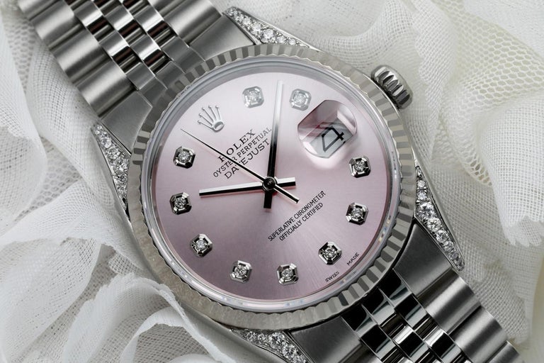 Rolex Datejust SS Metallic Pink Diamond Dial Custom Diamond Lugs 16014 ...