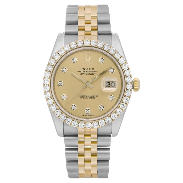 Rolex Datejust Steel 18K Gold Diamond Bezel Champagne Dial Mens Watch ...