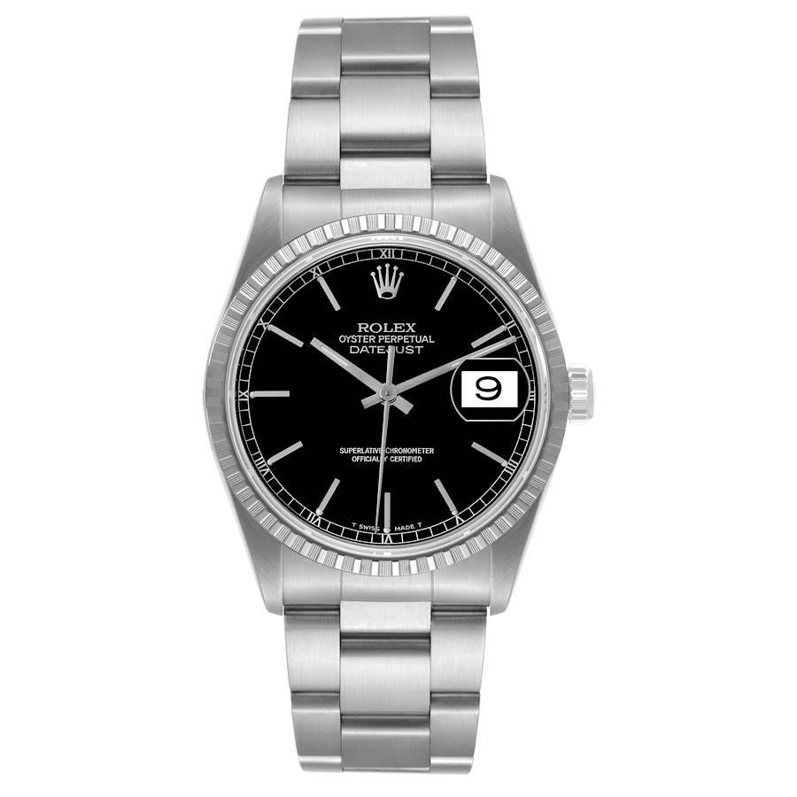 Rolex Datejust Steel Engine Turned Bezel Black Dial Mens Watch 16220 ...
