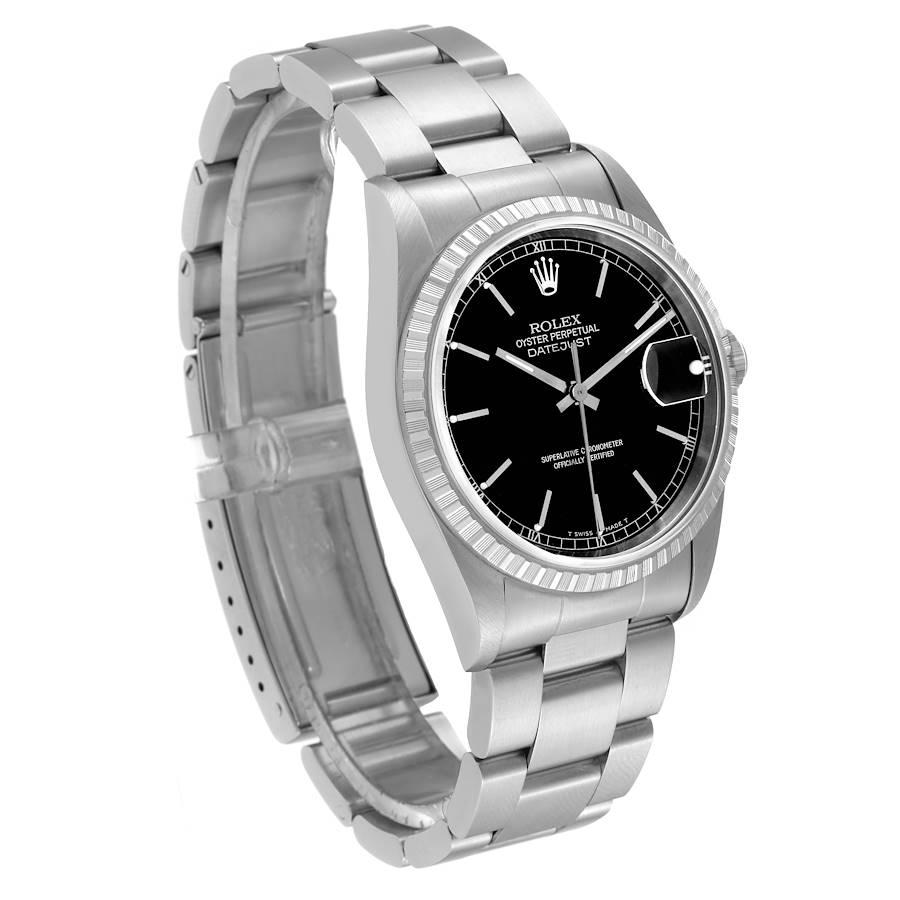 Rolex Datejust Steel Engine Turned Bezel Black Dial Mens Watch 16220 ...