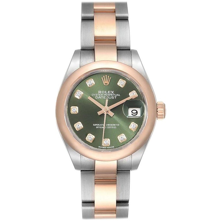 Rolex Datejust Steel Rose Gold Olive Green Diamond Ladies Watch 279161 Box Card For Sale at 1stDibs