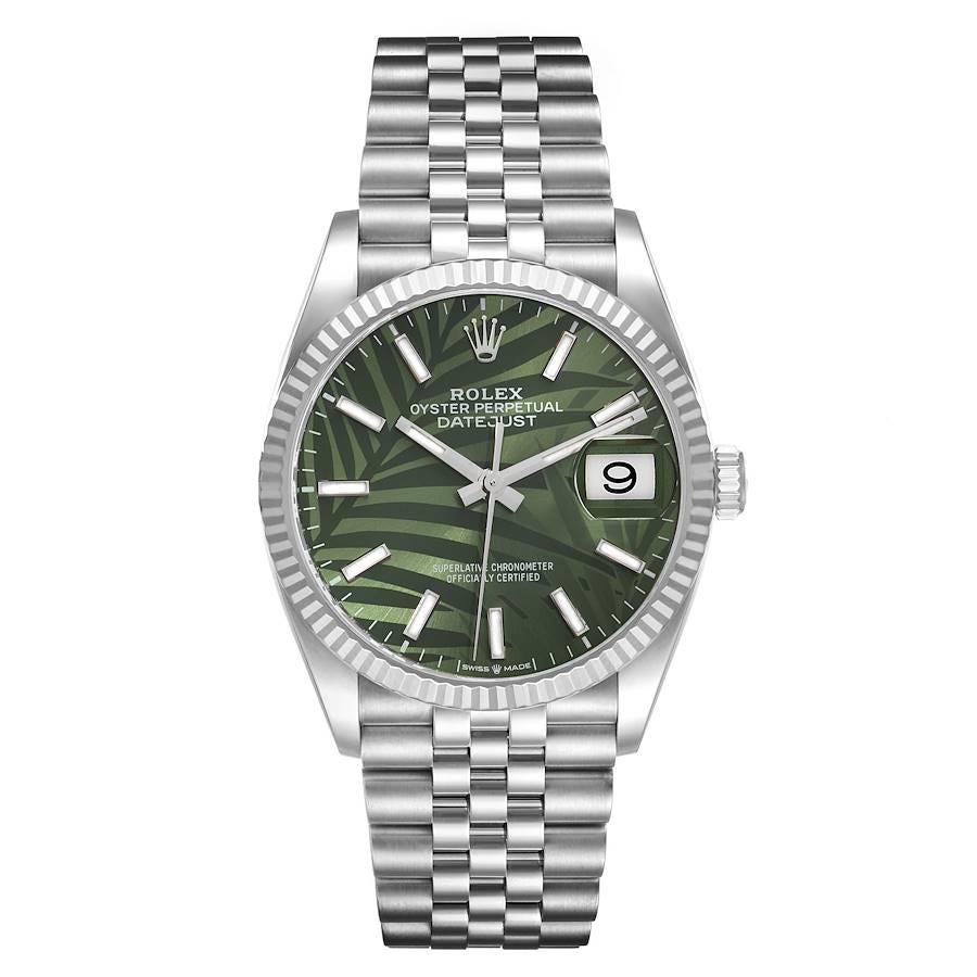Rolex Datejust Steel White Gold Olive Green Palm Dial Mens Watch 126234 ...