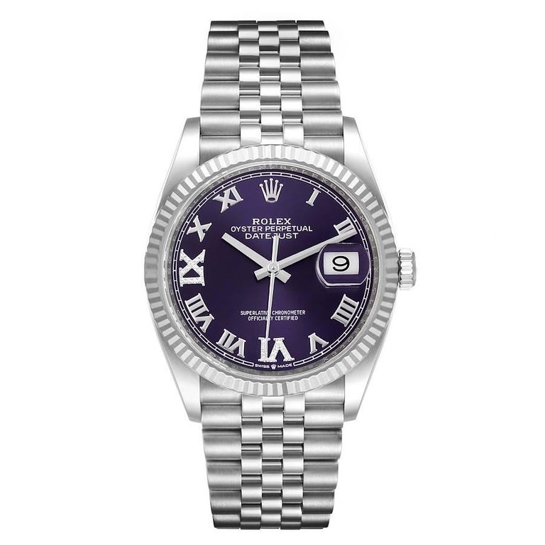 Rolex Datejust Steel White Gold Purple Dial Diamond Watch 126234 Box ...