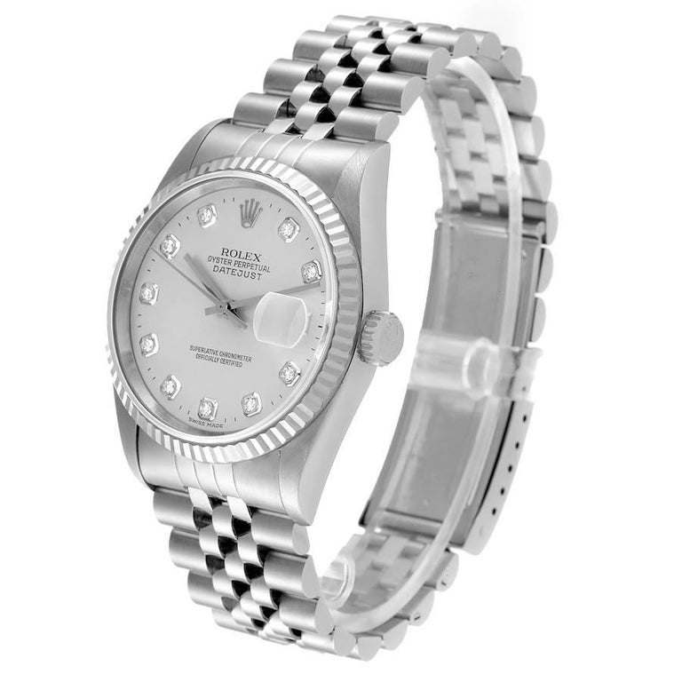 Rolex Datejust Steel White Gold Silver Diamond Dial Mens Watch 16234 ...