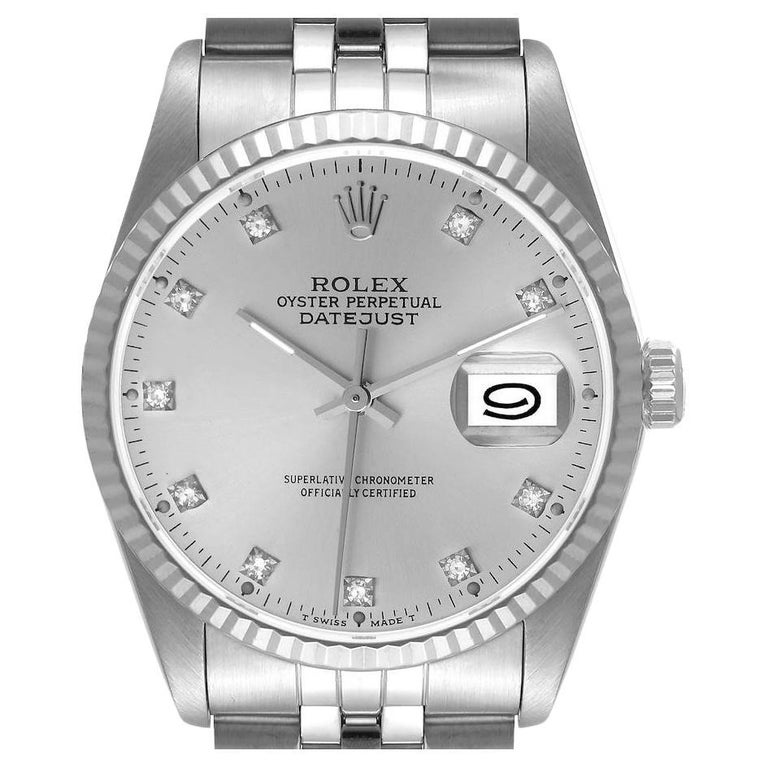 Rolex Datejust Steel White Gold Silver Diamond Dial Mens Watch 16234 ...