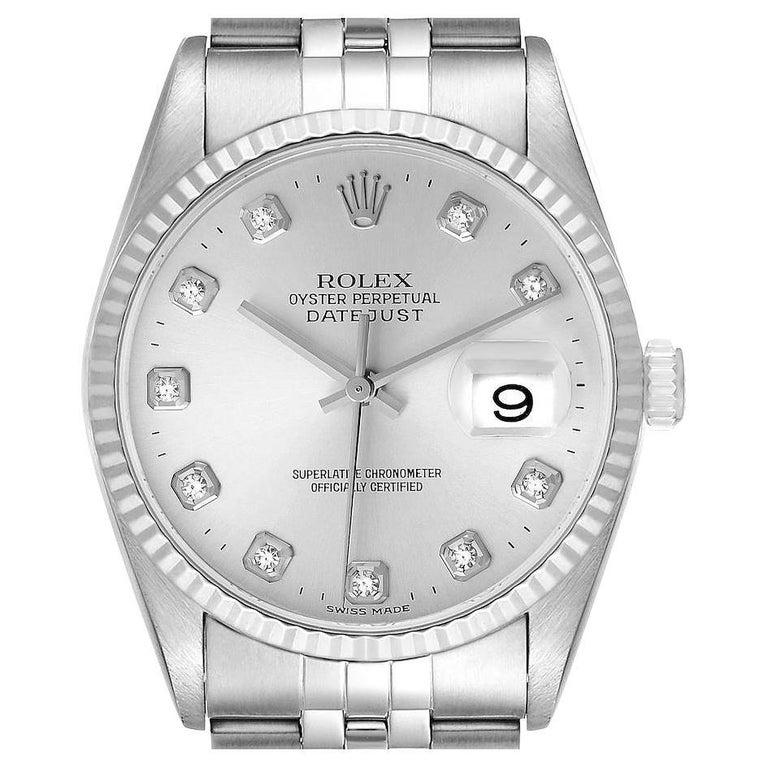 Rolex Datejust Steel White Gold Silver Diamond Dial Mens Watch 16234 ...