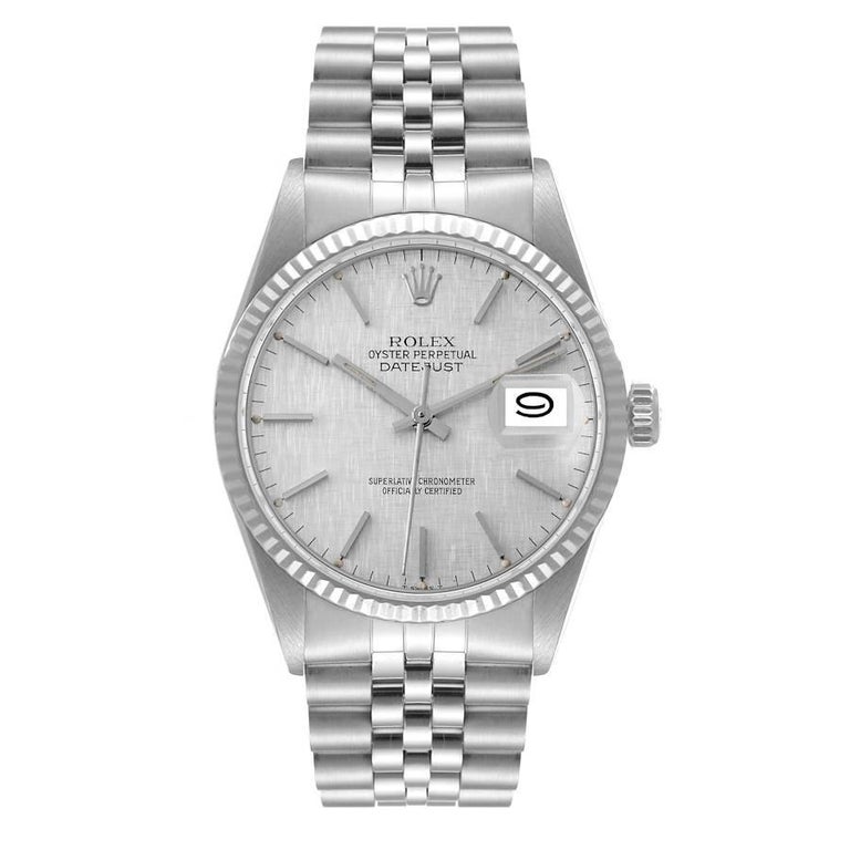 Rolex Datejust Steel White Gold Silver Linen Dial Vintage Watch 16014 ...