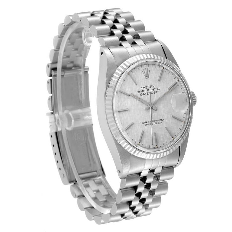 Rolex Datejust Steel White Gold Silver Linen Dial Vintage Watch 16014 ...