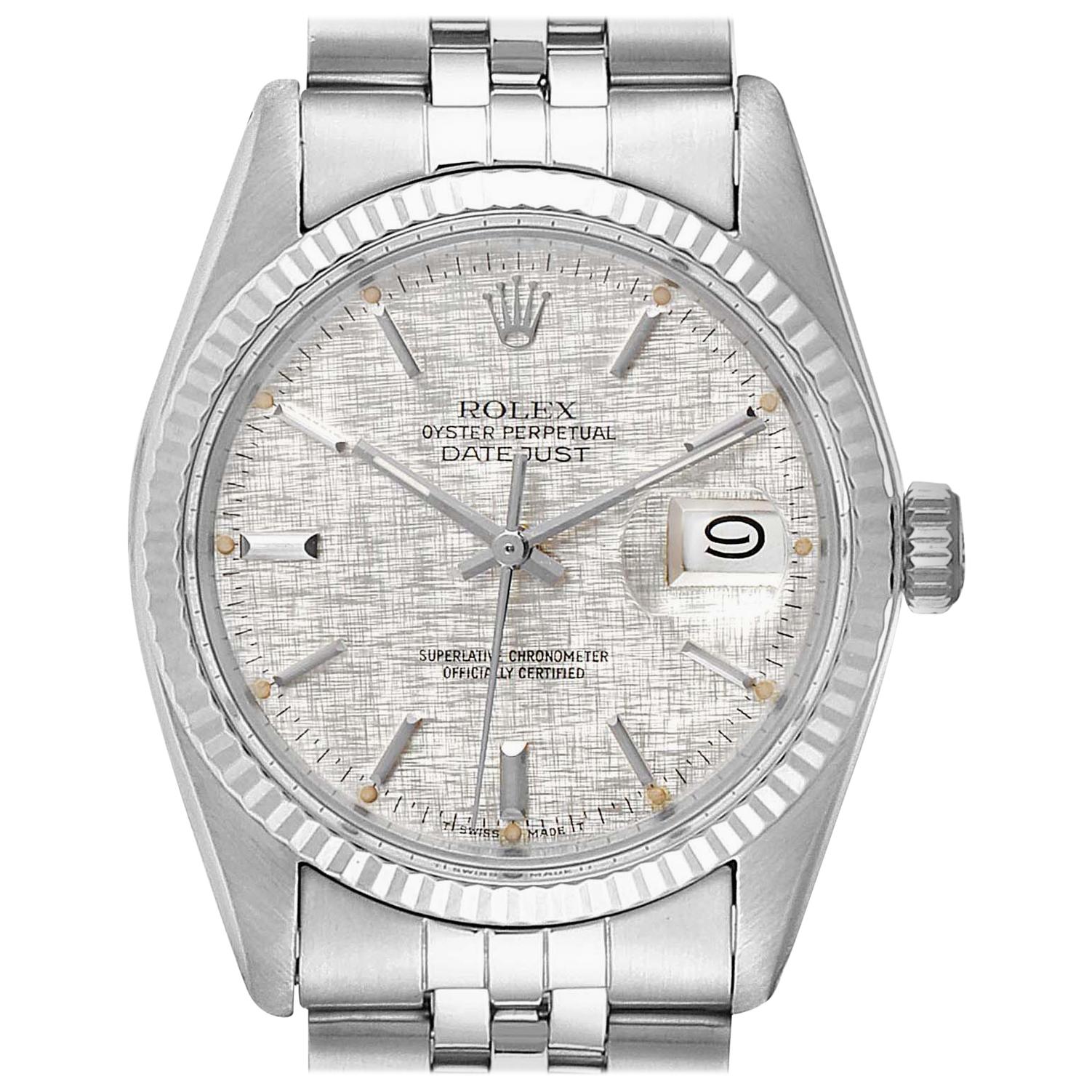 Rolex Datejust Steel White Gold Silver Linen Dial Vintage Watch 16014 ...