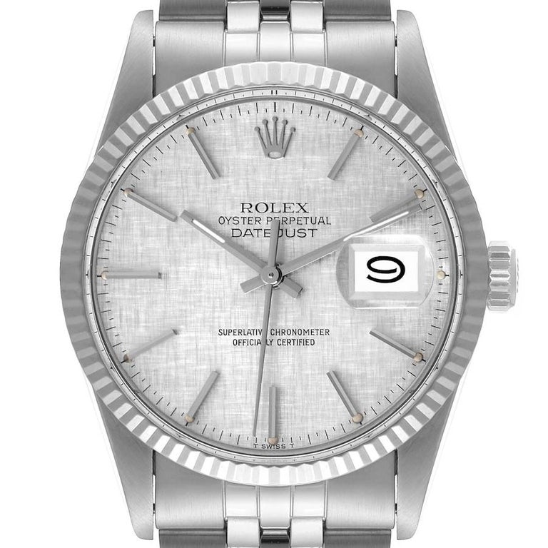 Rolex Datejust Steel White Gold Silver Linen Dial Vintage Watch 16014 ...