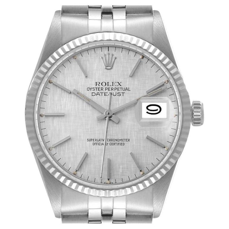 Rolex Datejust Steel White Gold Silver Linen Dial Vintage Watch 16014 ...