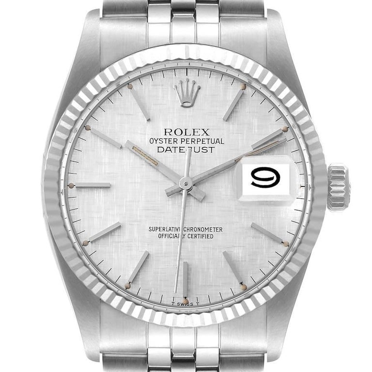 Rolex Datejust Steel White Gold Silver Linen Dial Vintage Watch 16014 ...