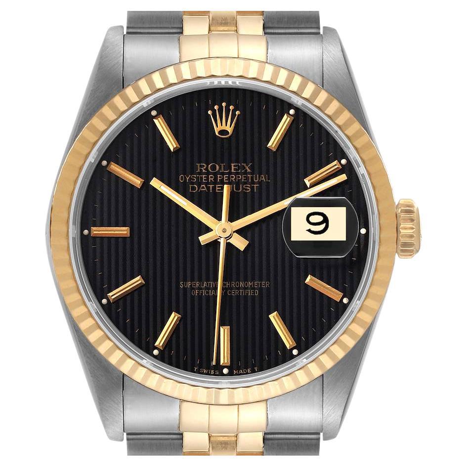 Rolex Datejust Steel Yellow Gold Black Tapestry Dial Mens Watch 16233 ...