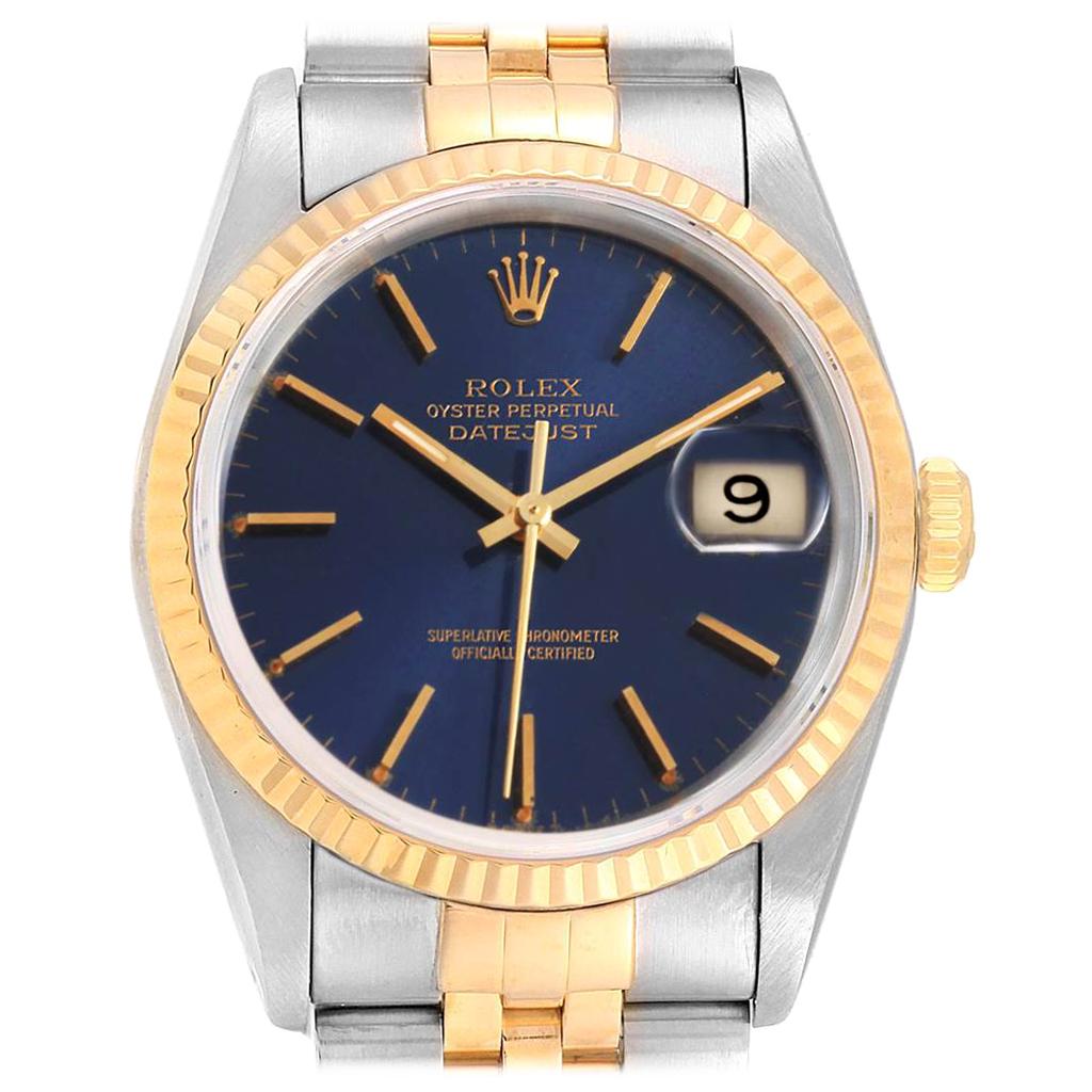 Rolex Datejust Steel Yellow Gold Blue Baton Dial Men's Watch 16233 For ...