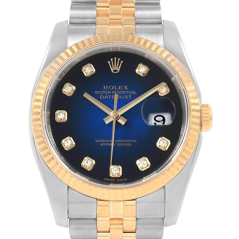 Rolex Datejust Steel Yellow Gold Blue Vignette Diamond Men's Watch ...