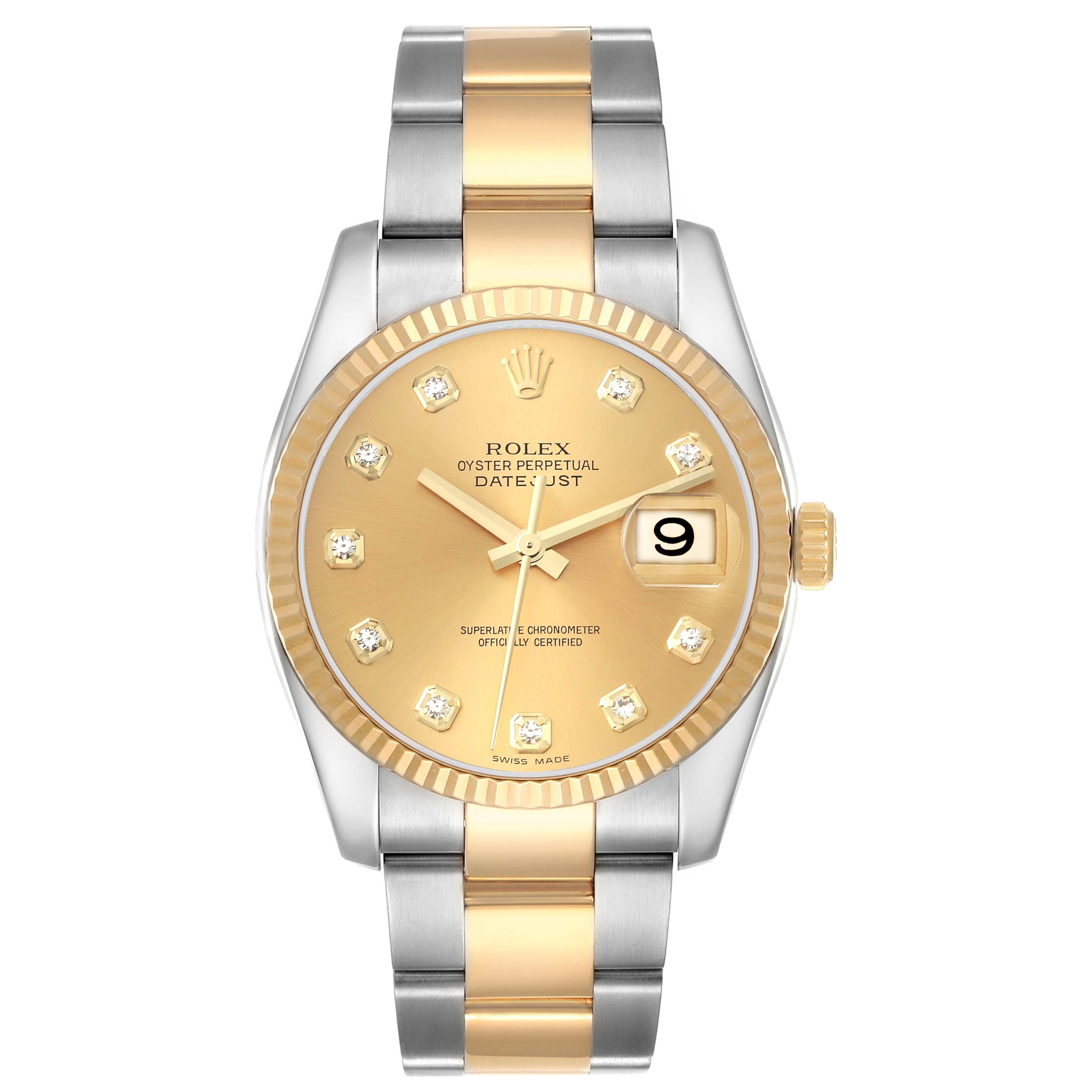 Rolex Datejust Steel Yellow Gold Champagne Diamond Dial Mens Watch ...
