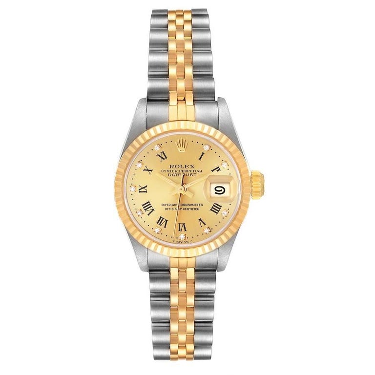 Rolex Datejust Steel Yellow Gold Champagne Diamond Dial Watch 69173 Box ...