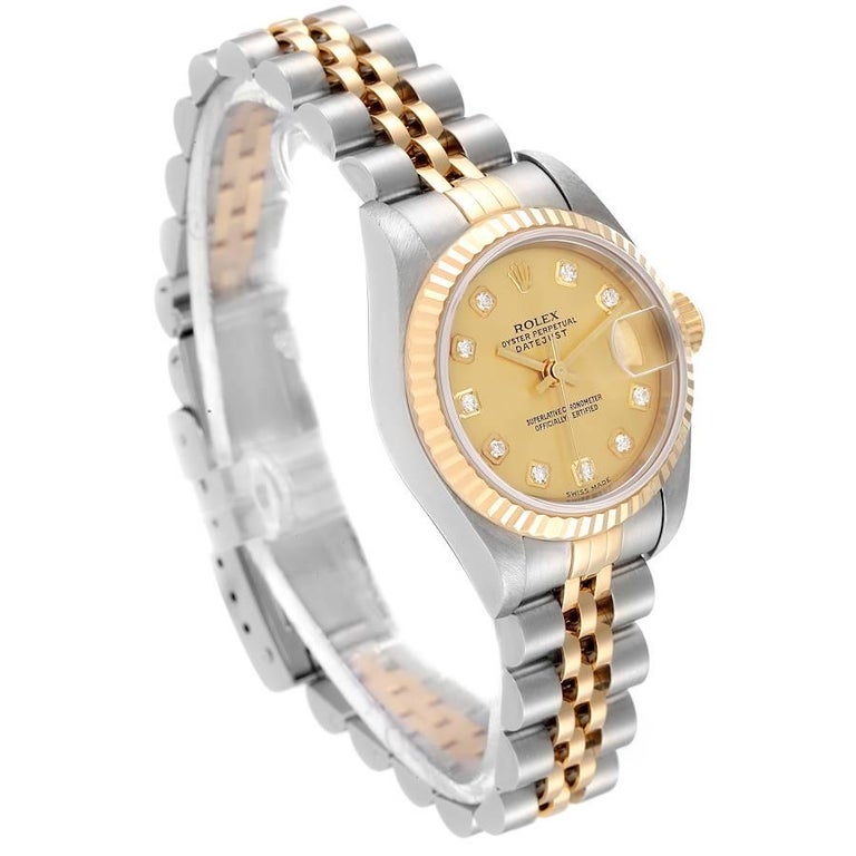 Rolex Datejust Steel Yellow Gold Champagne Diamond Dial Watch 79173 Box ...