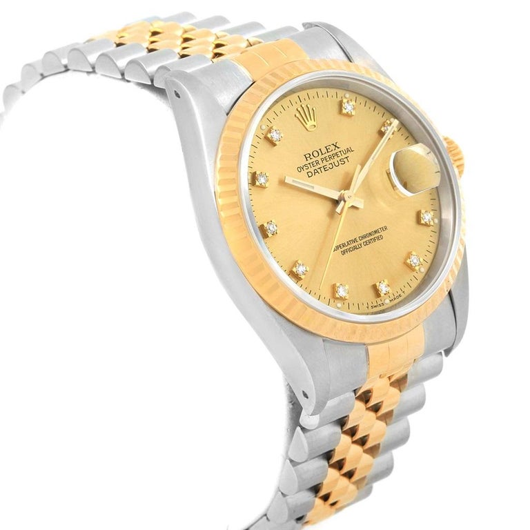 Rolex Datejust Steel Yellow Gold Diamond Hour Markers Men's Watch 16233 ...