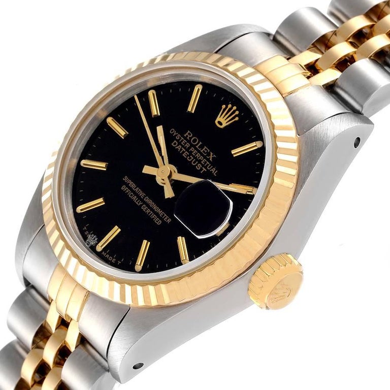 Rolex Datejust Steel Yellow Gold Fluted Bezel Black Dial Watch 69173 at ...