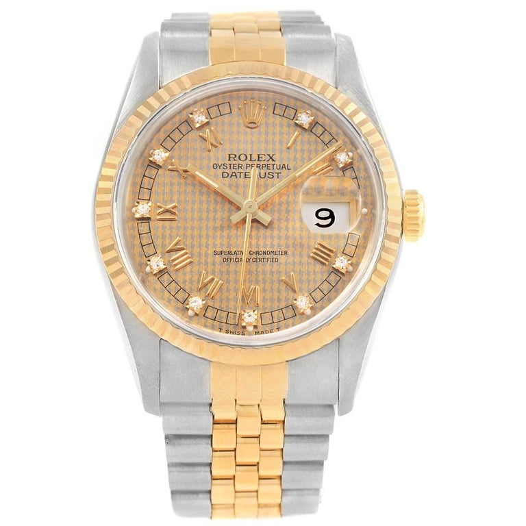 Rolex Datejust Steel Yellow Gold Houndstooth Diamond Men’s Watch 16233 ...