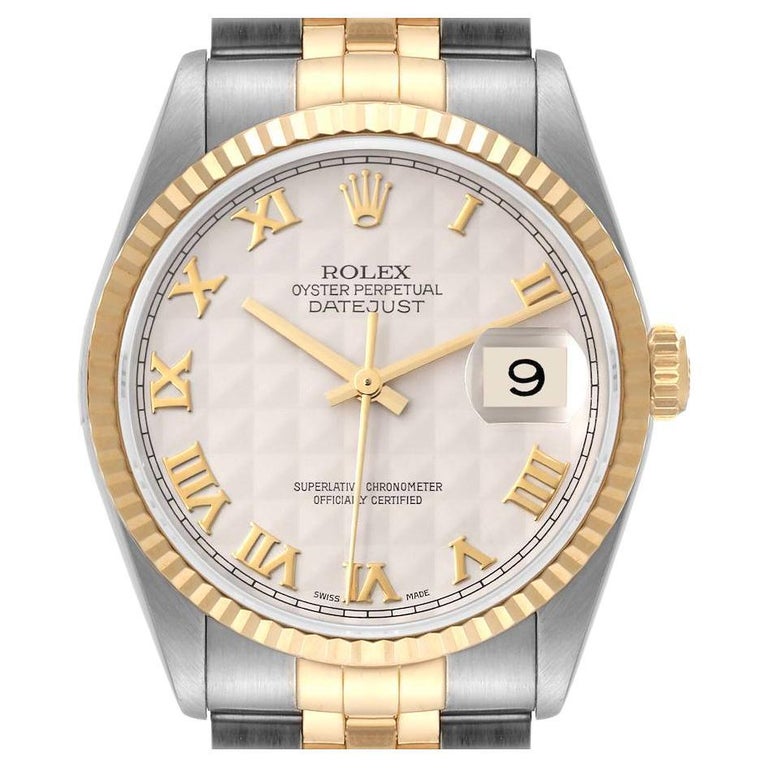 Rolex Datejust Steel Yellow Gold Ivory Pyramid Dial Mens Watch 16233 ...