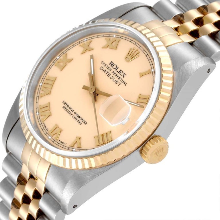 Rolex Datejust Steel Yellow Gold Ivory Roman Dial Mens Watch 16233 For ...