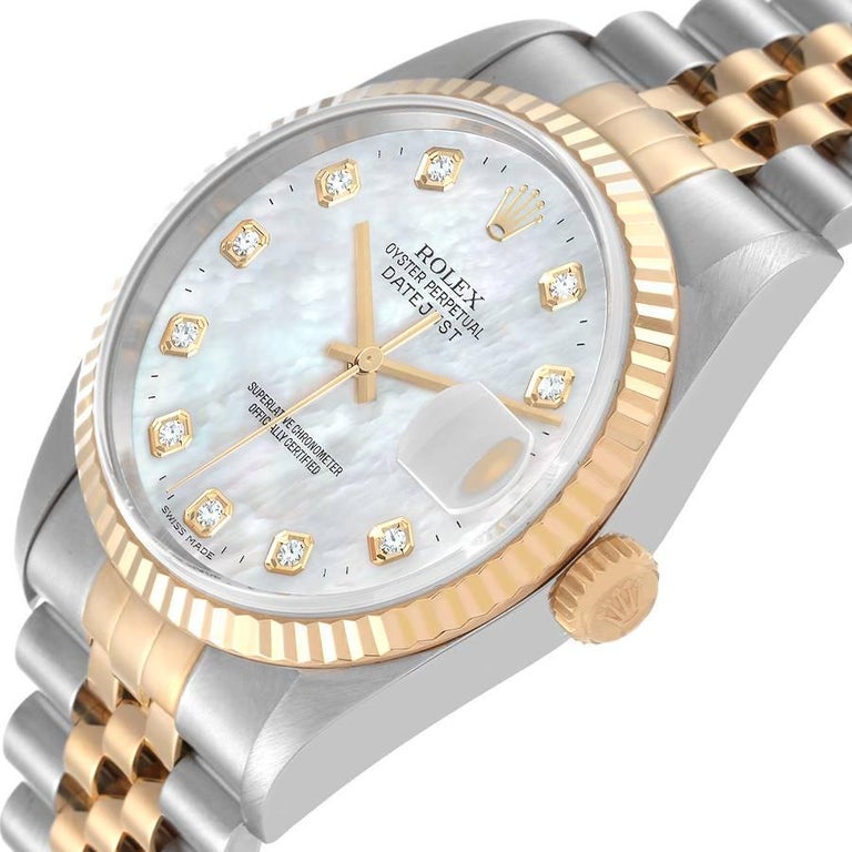 Rolex Datejust Steel Yellow Gold MOP Diamond Dial Mens Watch 16233 Box ...