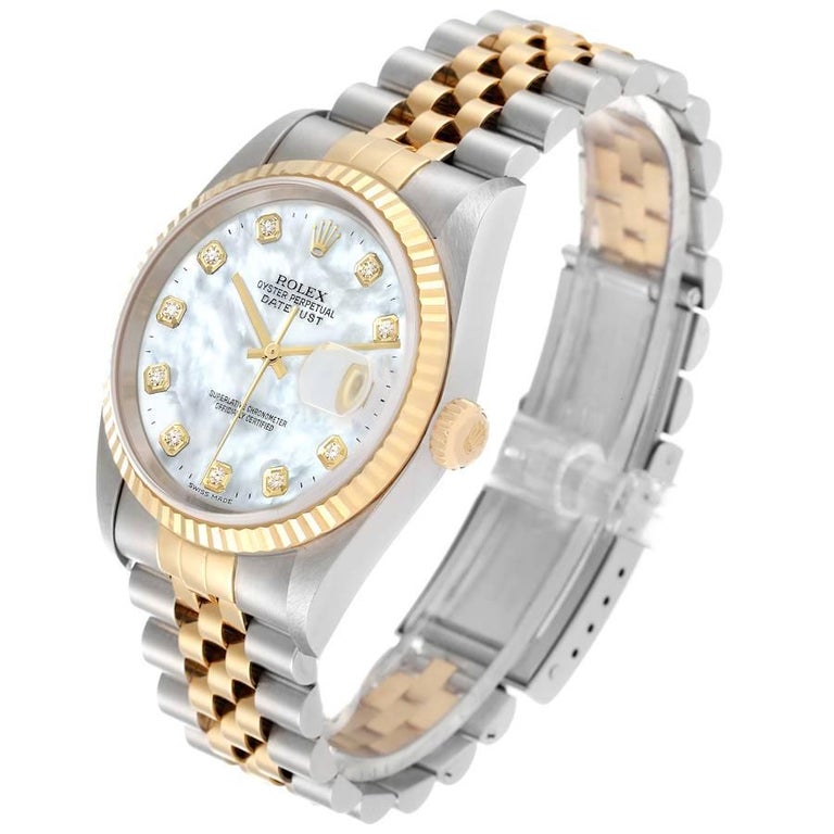 Rolex Datejust Steel Yellow Gold MOP Diamond Dial Mens Watch 16233 For Sale at 1stDibs