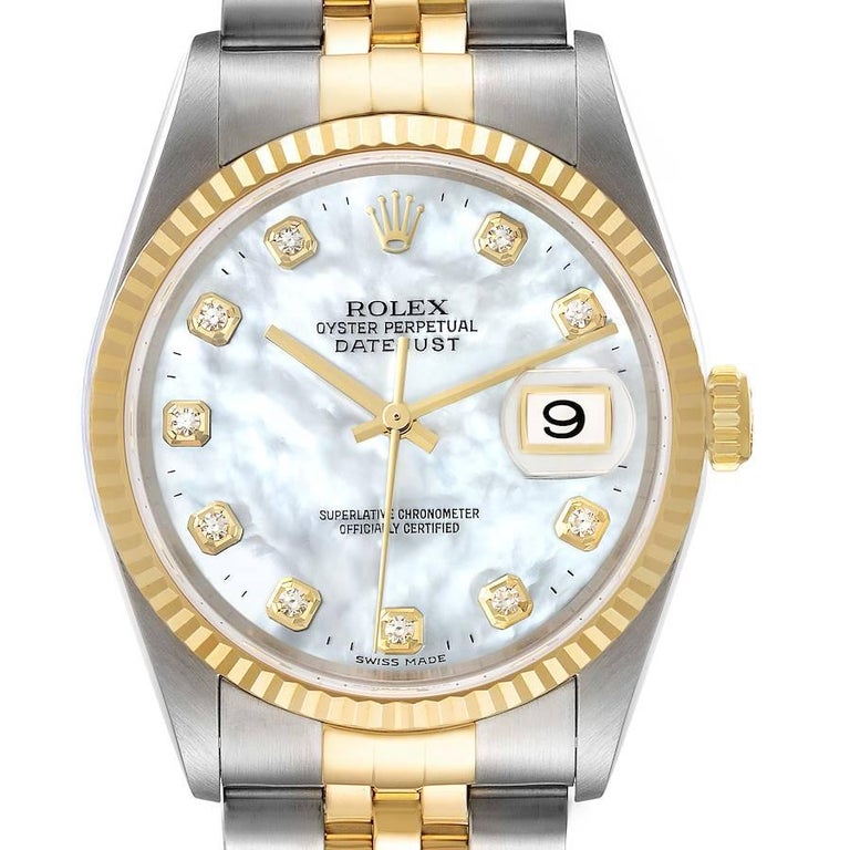 Rolex Datejust Steel Yellow Gold MOP Diamond Dial Mens Watch 16233 For ...