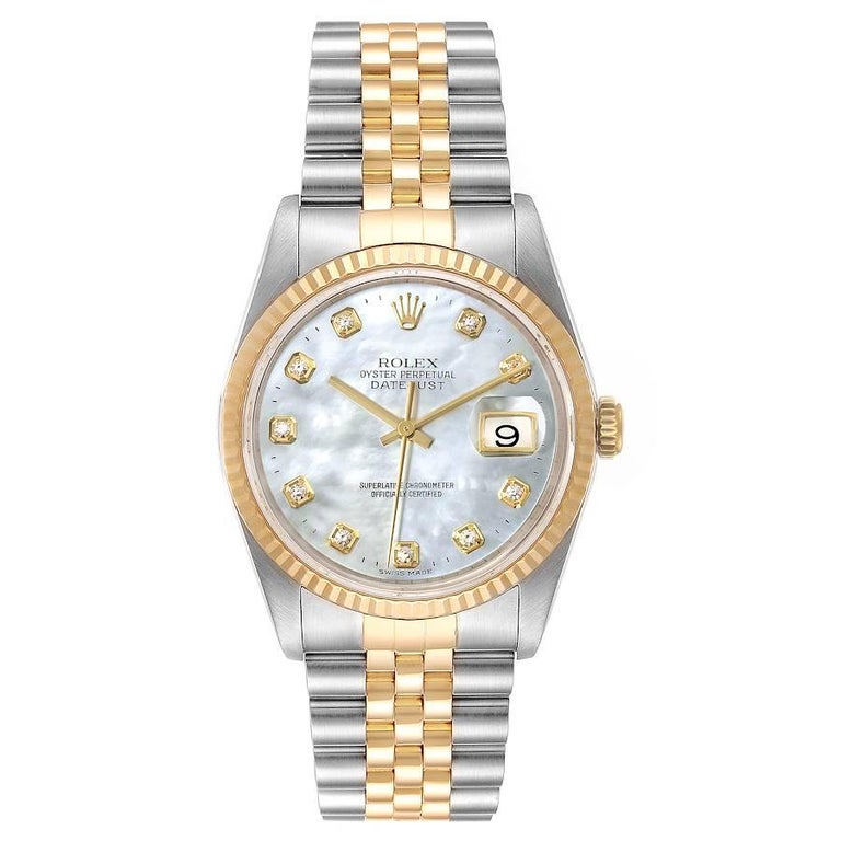 Rolex Datejust Steel Yellow Gold MOP Diamond Mens Watch 16233 Box ...