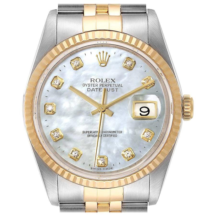 Rolex Datejust Steel Yellow Gold MOP Diamond Mens Watch 16233 Box ...