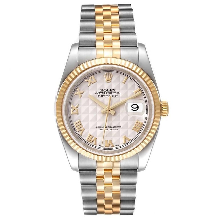 Rolex Datejust Steel Yellow Gold Pyramid Roman Dial Mens Watch 116233 ...