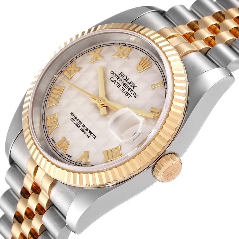 Rolex Datejust Steel Yellow Gold Pyramid Roman Dial Mens Watch 116233 ...
