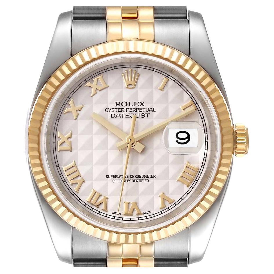 Rolex Datejust Steel Yellow Gold Pyramid Roman Dial Mens Watch 116233 ...