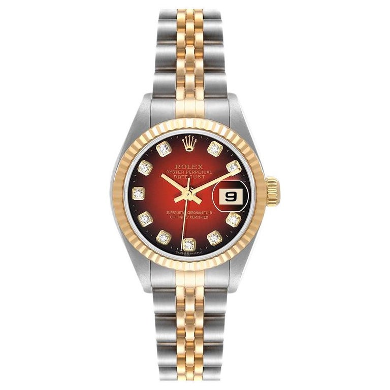 Rolex Montre Datejust Vignette rouge en acier et or jaune avec diamants ...
